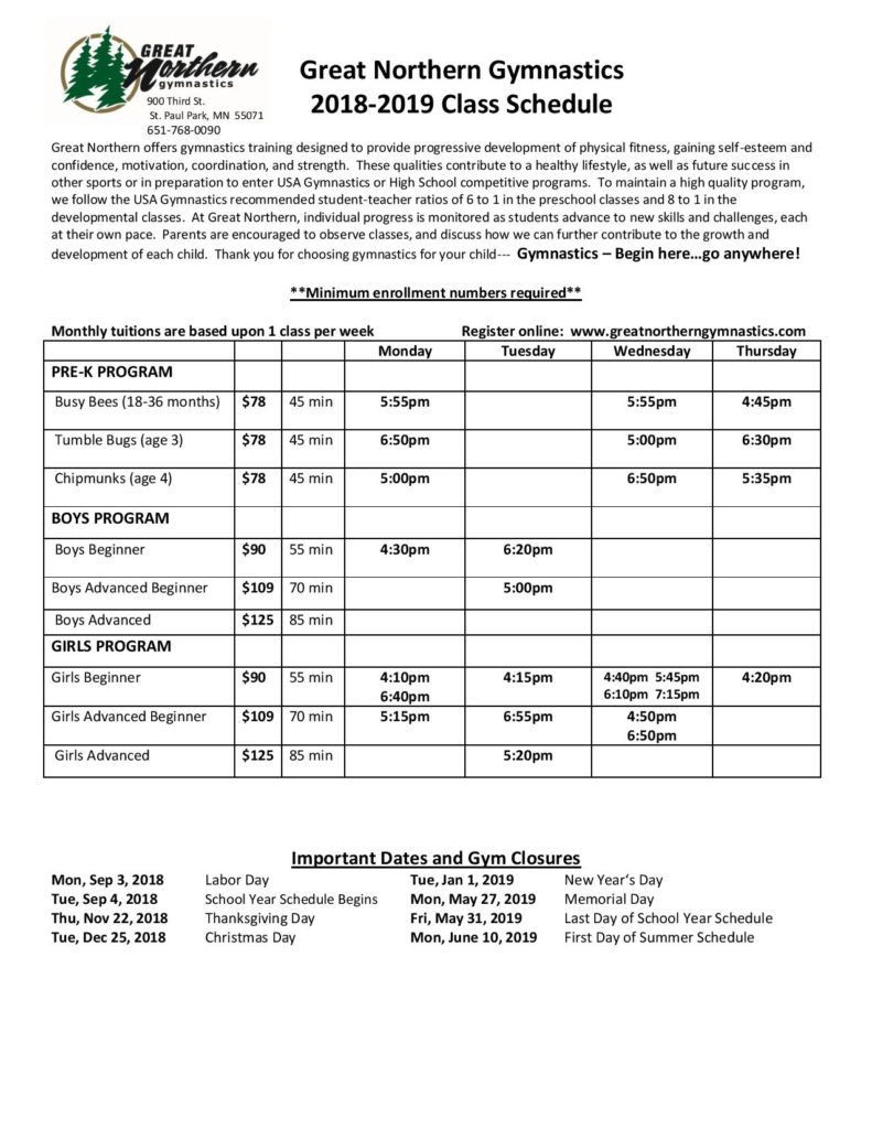 Great Northern Gymnastics | Class Schedule