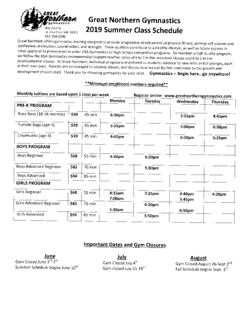 Great Northern Gymnastics | Class Schedule