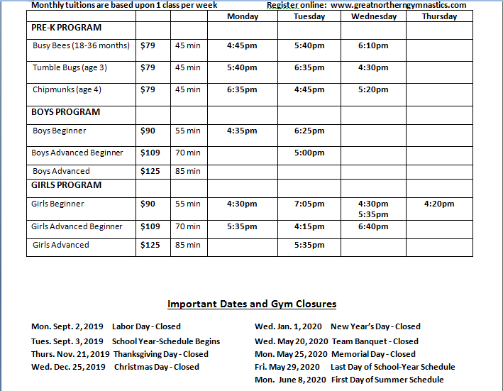 Great Northern Gymnastics | Class Schedule